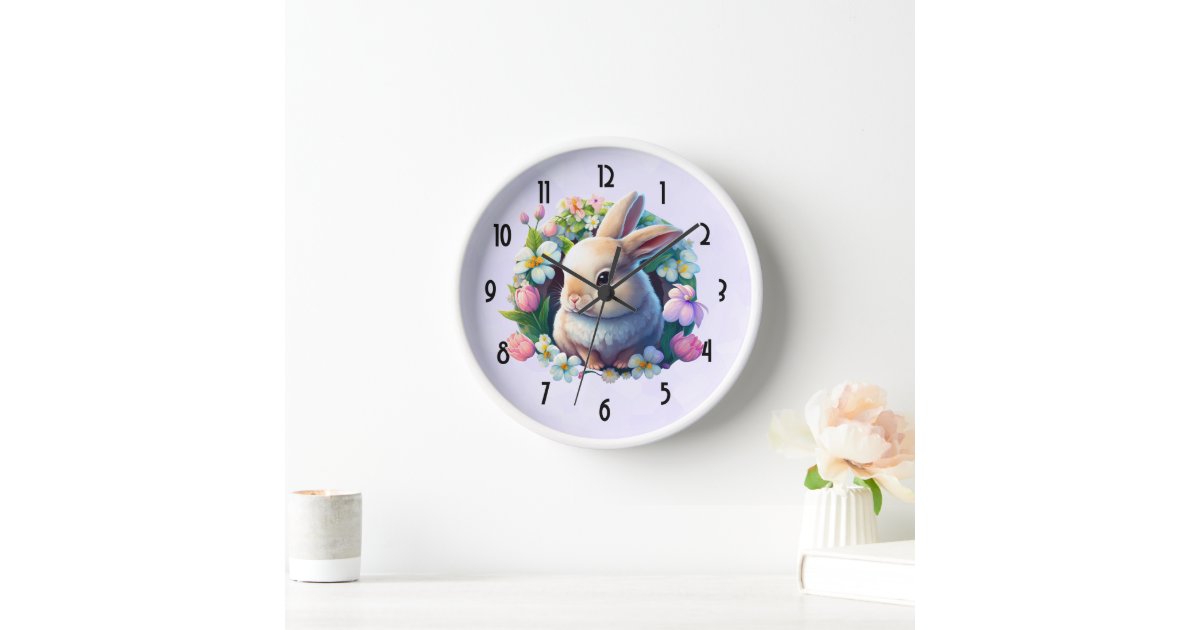 Baby Bunny in Colorful Spring Flowers Clock | Zazzle