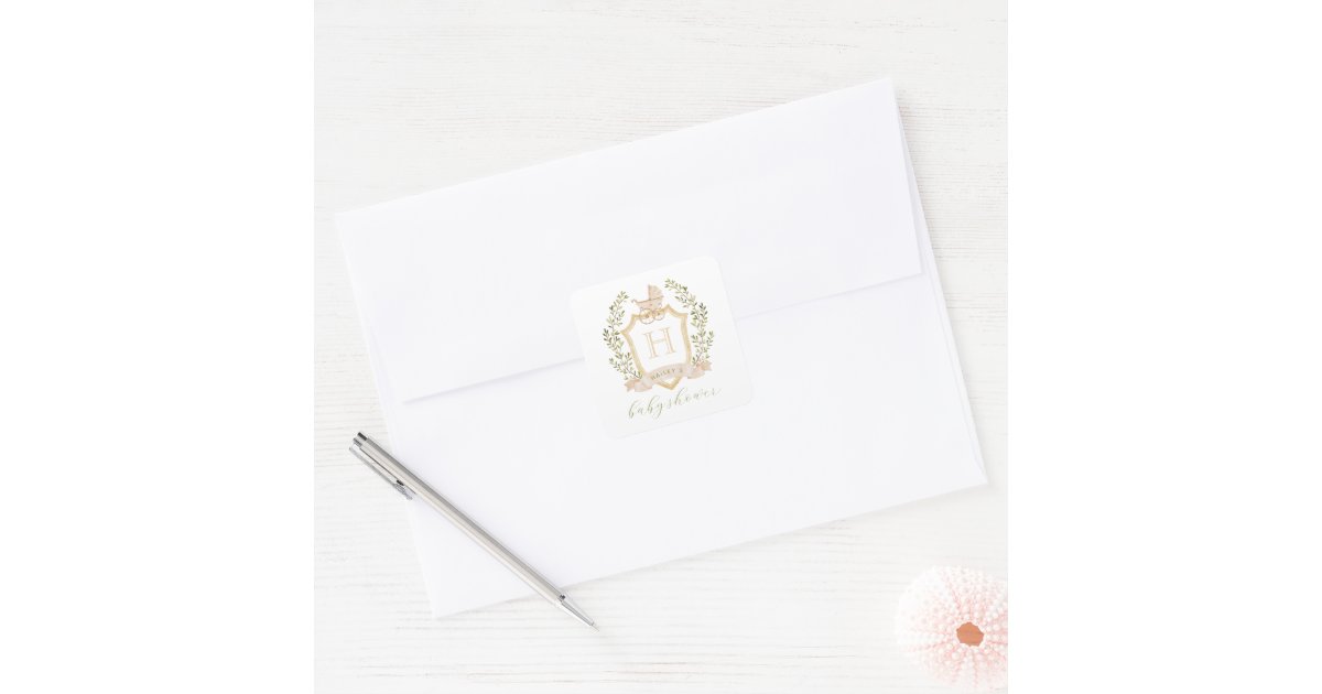 Baby Carriage Crest Monogram | Neutral Baby Shower Square Sticker | Zazzle