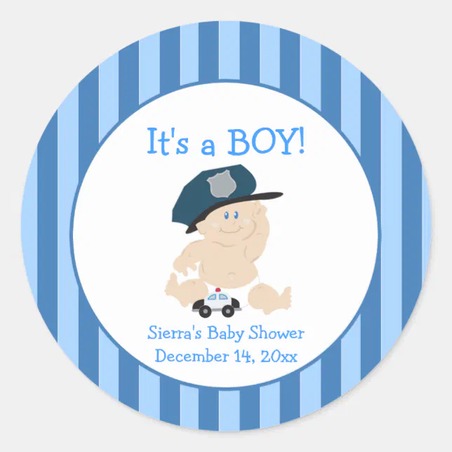 Baby Cop Police (Stripe) Custom Favor Sticker | Zazzle