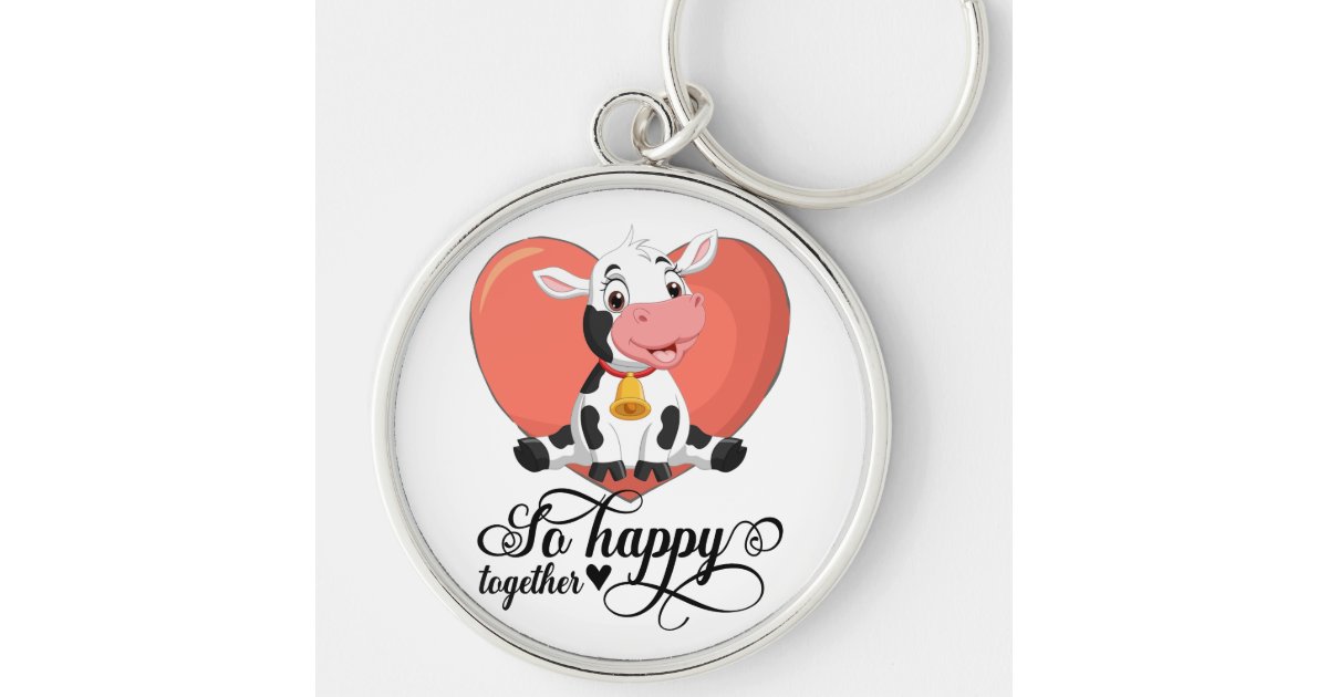 Baby Cow So Happy Together Red Heart Keychain | Zazzle