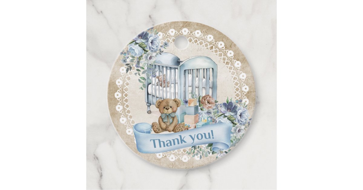 Baby crib teddy bear blue flowers boy baby shower favor tags | Zazzle