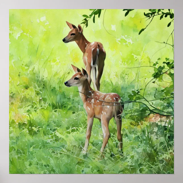 Baby Deer Fawn Twins in Nature Watercolor Art Poster | Zazzle