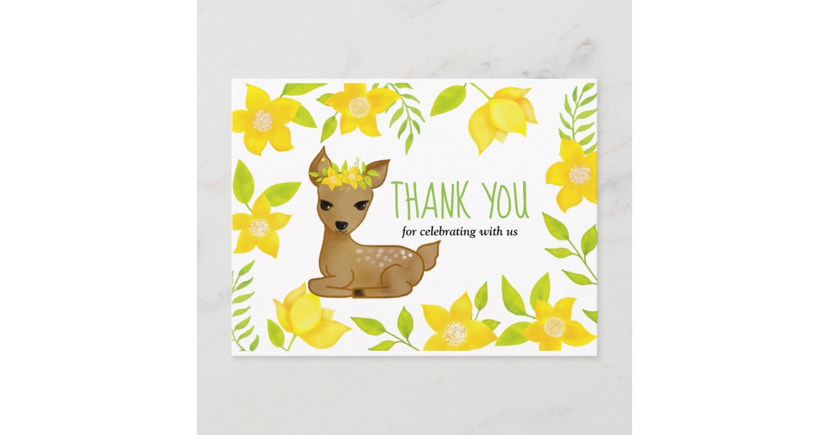 Baby Deer Yellow Florals | Baby Shower Thank You Postcard | Zazzle