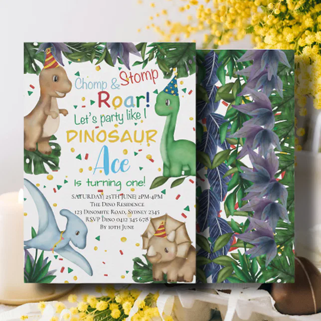 Baby Dinosaur Birthday Party | Stomp Chomp Roar In Invitation | Zazzle