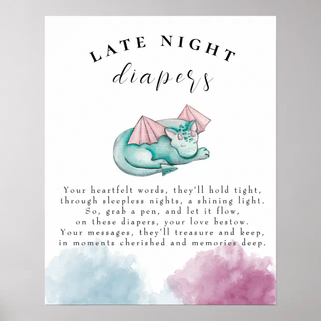 Baby Dragon Baby Shower Late Night Diapers Game Poster | Zazzle