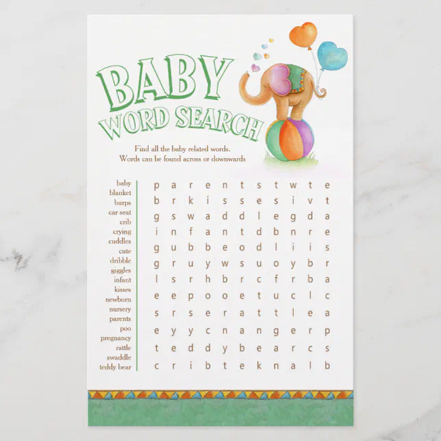 Baby elephant baby shower word search flyer | Zazzle