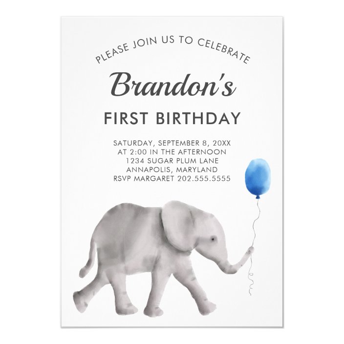 Baby Elephant Birthday Party Invitation Blue Gray | Zazzle.com