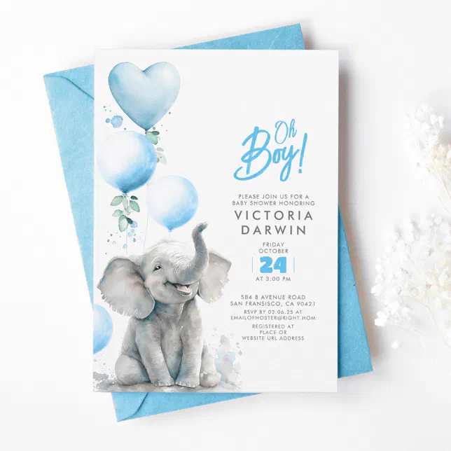 Baby Elephant Blue and Gray Cute Boy Baby Shower Invitation | Zazzle