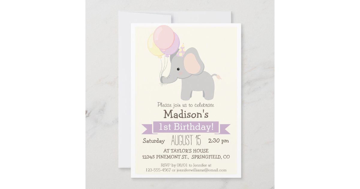 Baby Elephant Girl's Birthday Party Invitation | Zazzle