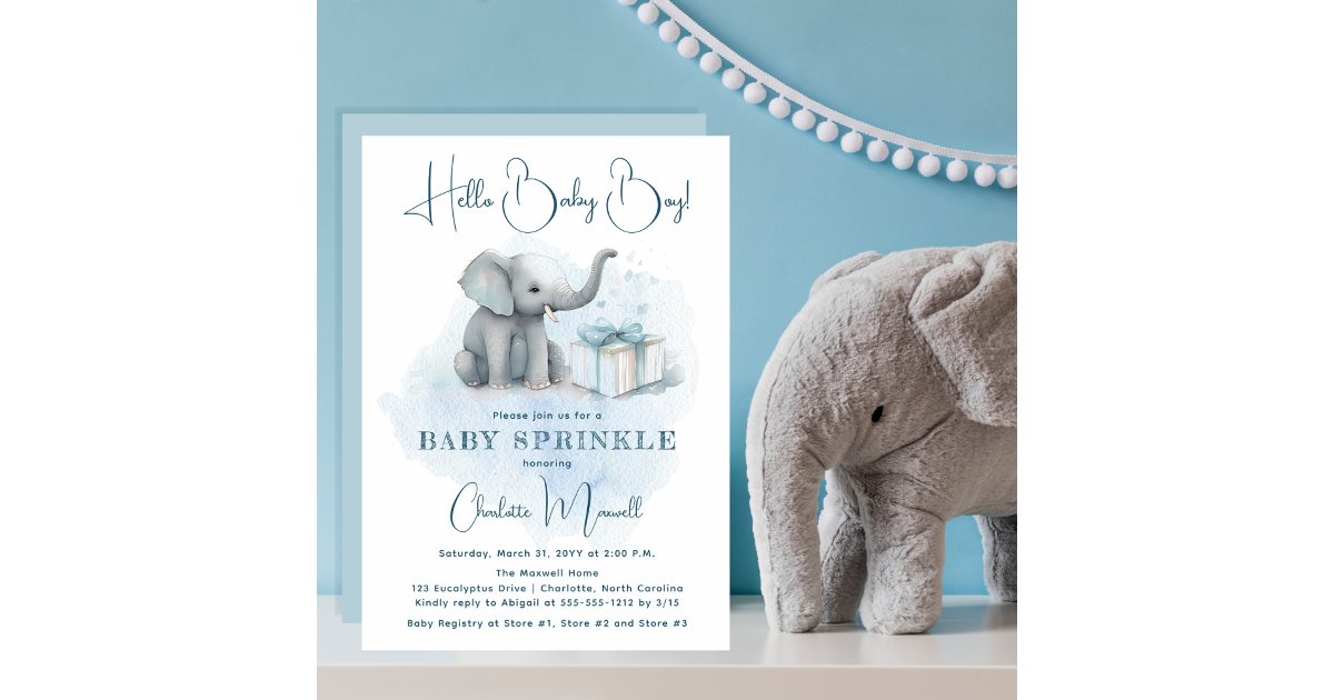Baby Elephant Hello Baby Boy Blue Baby Sprinkle Invitation | Zazzle
