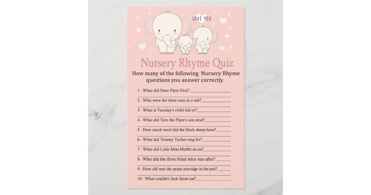 Baby Elephant Nursery Rhyme Quiz baby shower game | Zazzle