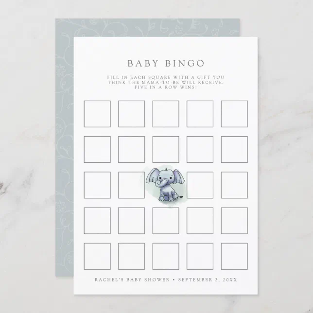 baby elephant sitting baby shower bingo game card | Zazzle