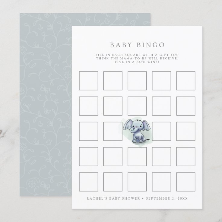 baby elephant sitting baby shower bingo game card | Zazzle
