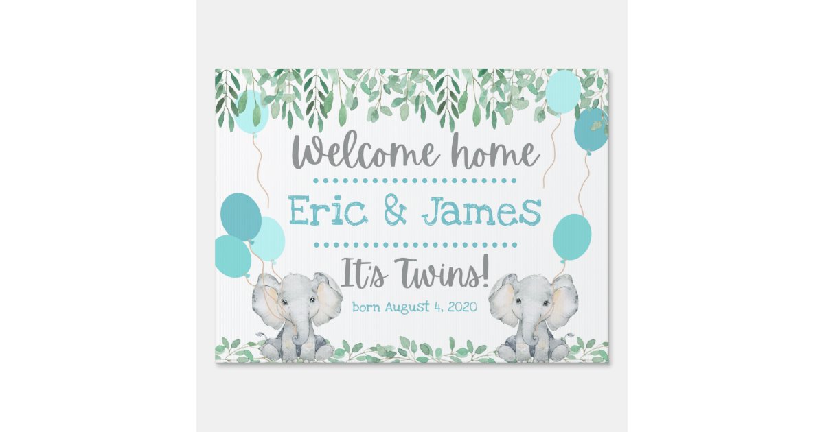 Baby Elephants Blue Welcome Home Twins Greenery Sign | Zazzle