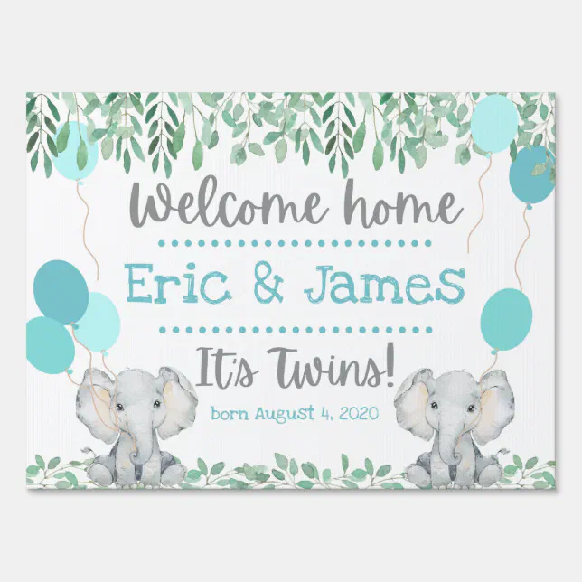 Baby Elephants Blue Welcome Home Twins Greenery Sign | Zazzle