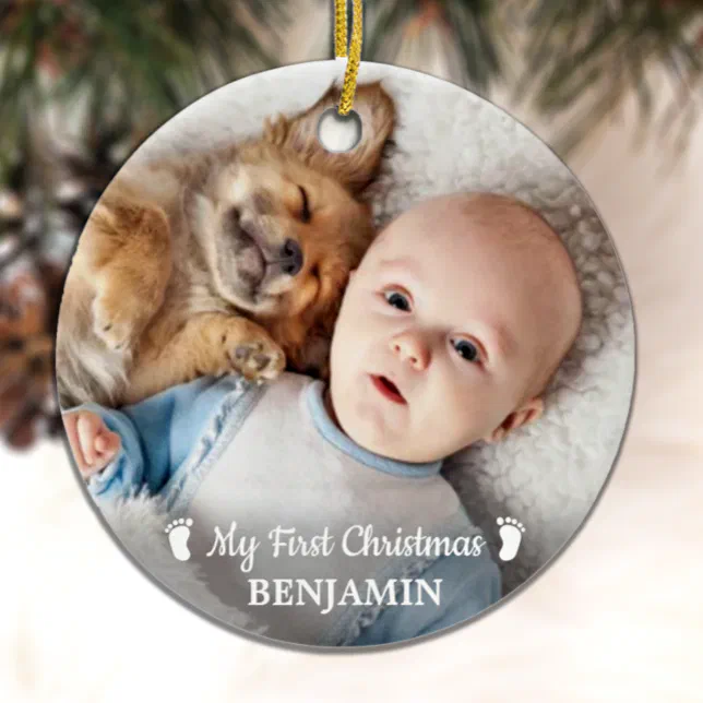 Baby First Christmas Personalized Simple Photo Ceramic Ornament | Zazzle
