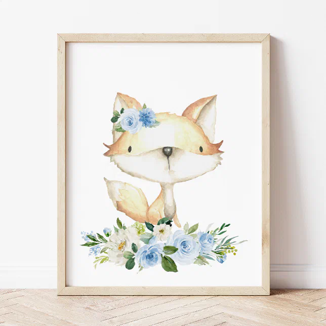 Baby Fox, Woodland Animals, Boho, Blue Flowers Poster | Zazzle