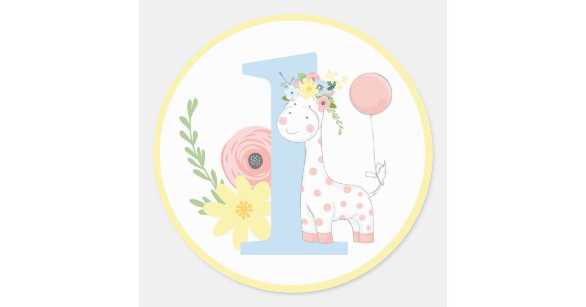 Baby Giraffe Floral Number One 1st Birthday Party Classic Round Sticker ...