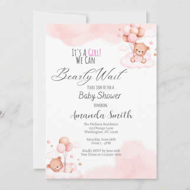 Baby Girl Bearly Wait Baby Shower Invitation | Zazzle