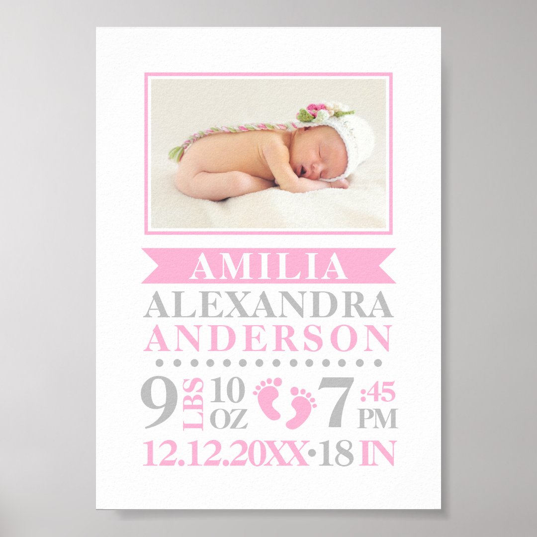 Baby Girl Birth Stats Record Keepsake Nursery Poster | Zazzle
