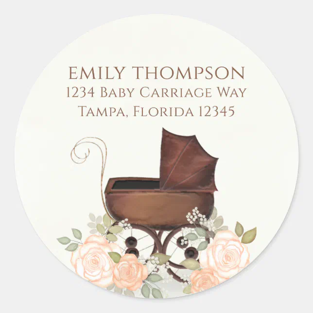 Baby Girl Cute Vintage Carriage Return Address Classic Round Sticker ...