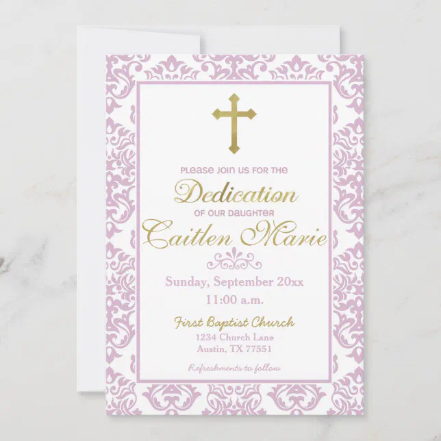 Baby Girl Dedication Invitation Pink and Gold | Zazzle