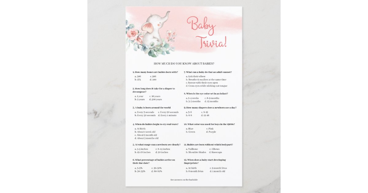 Baby Girl Elephant Eucalyptus Baby Trivia game | Zazzle