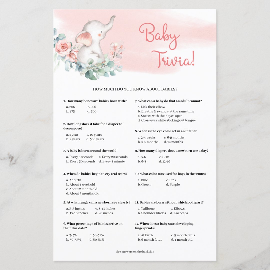 Baby Girl Elephant Eucalyptus Baby Trivia game | Zazzle