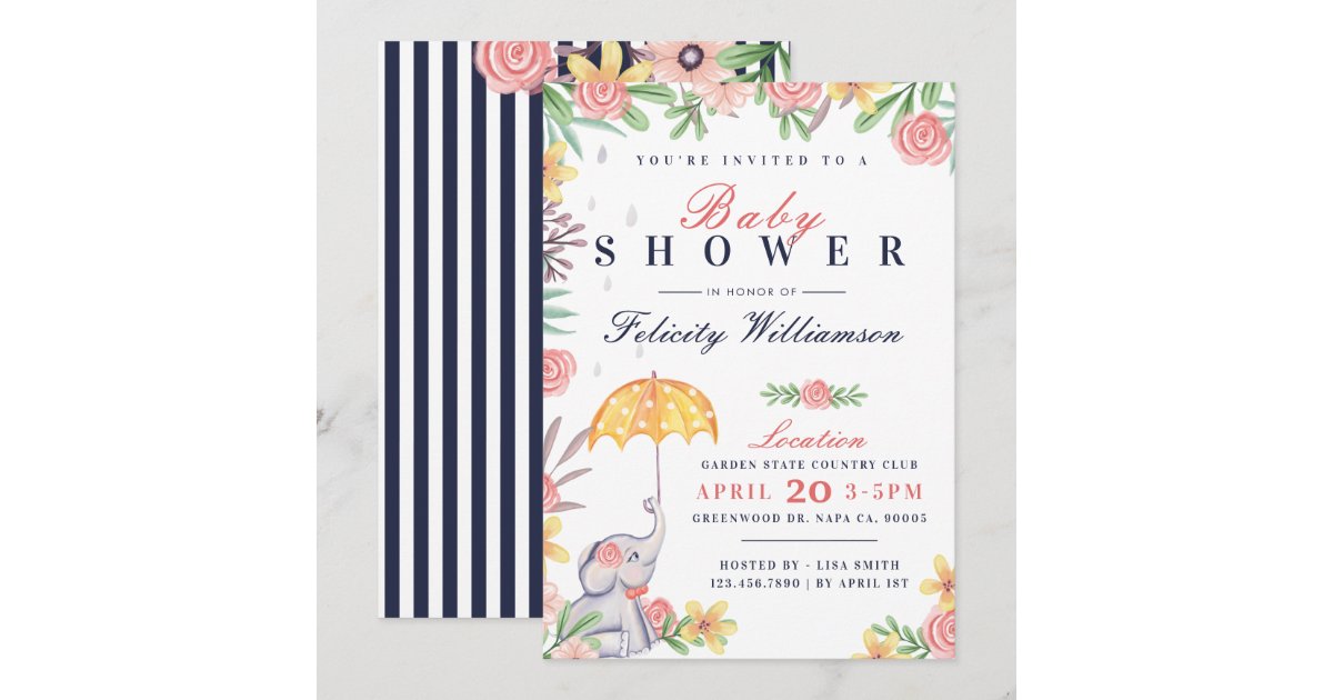 Baby Girl Elephant Umbrella Baby Shower Invitation | Zazzle