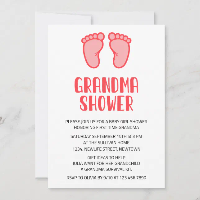 Baby Girl Feet First Time Grandma Baby Shower Invitation | Zazzle