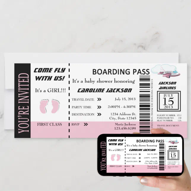 Baby Girl Flight Ticket Invitation Customizable | Zazzle