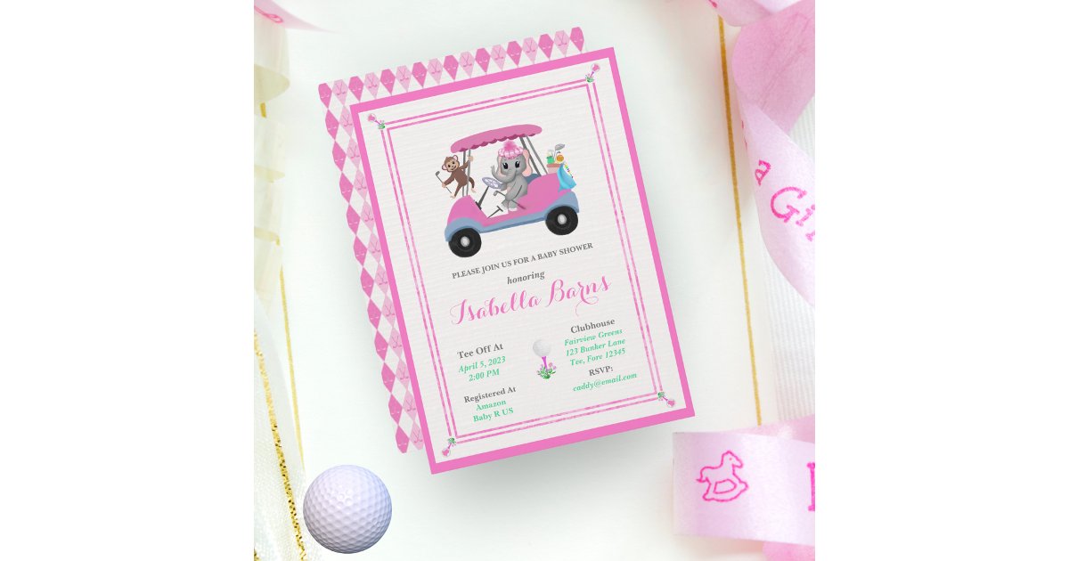 Baby Girl Golfing Elephant & Monkey Shower Invitation | Zazzle