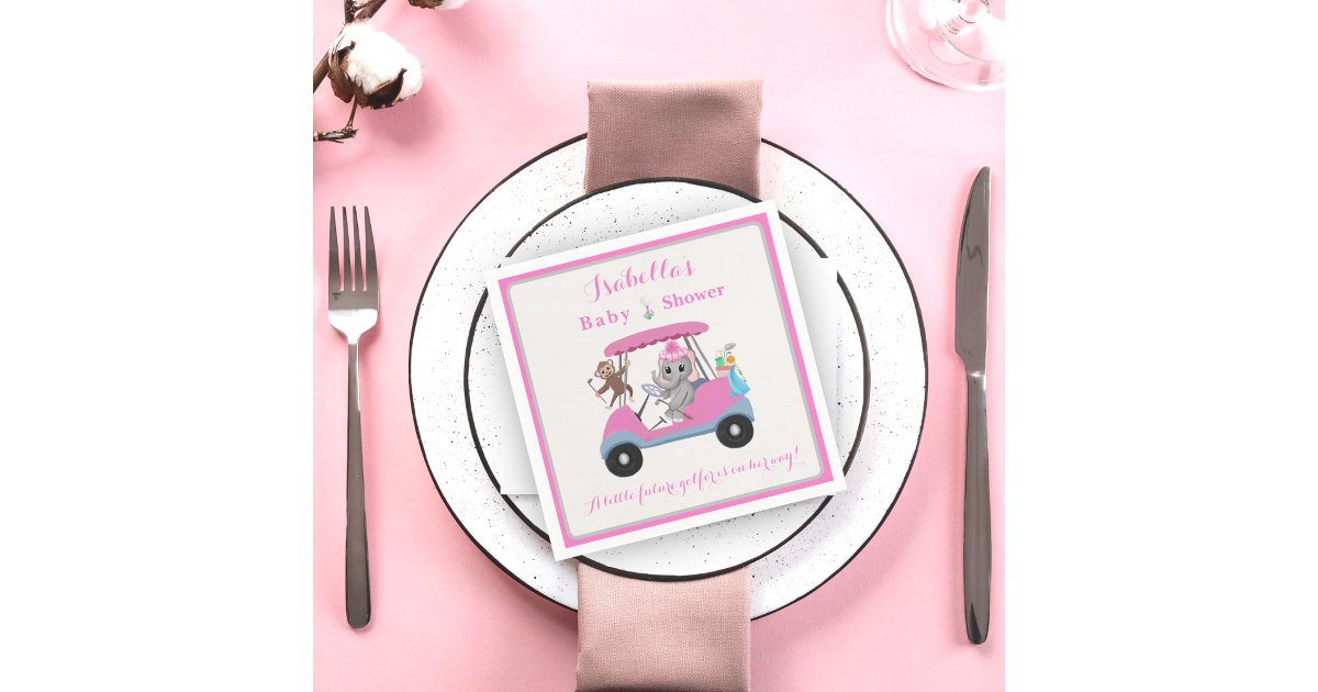 Baby Girl Golfing Elephant & Monkey Shower Napkins | Zazzle