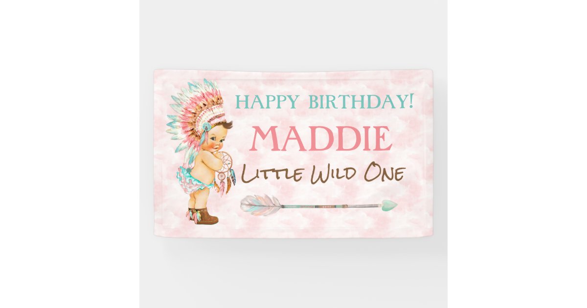 Baby Girl Headdress Native American Pink Aqua Banner | Zazzle