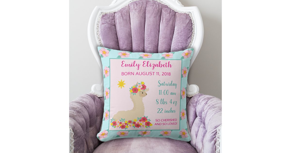 Baby Girl Llama Pink Floral Birth Announcement Throw Pillow | Zazzle