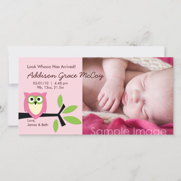 Baby Girl Owl Theme Birth Announcement Photo Card | Zazzle