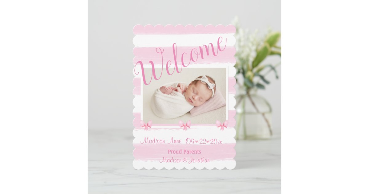 Baby Girl Photo Welcome Script Girly Birth Announcement | Zazzle
