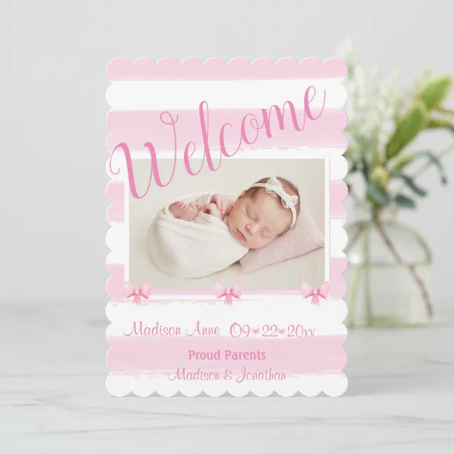 Baby Girl Photo Welcome Script Girly Birth Announcement | Zazzle