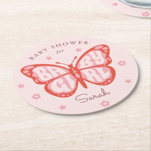 Baby Girl Pink Butterfly Baby Shower Round Paper Coaster | Zazzle