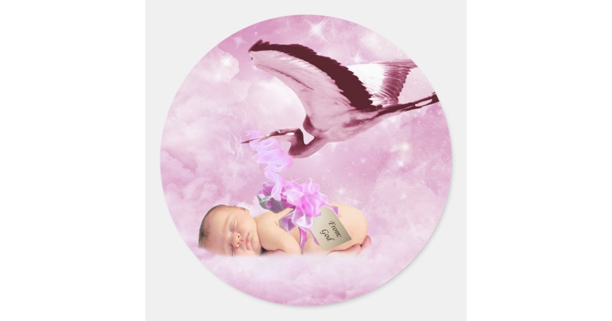 Baby girl pink clouds and stork classic round sticker | Zazzle