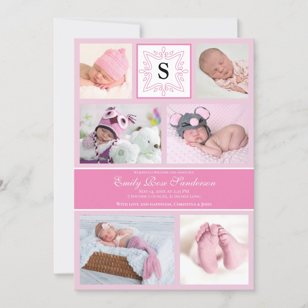 Baby Girl Pink Photo Birth Announcement Monogram | Zazzle