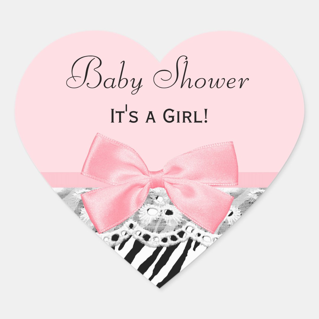 Baby Girl Shower Pink Ribbon and Lace Zebra Print Heart Sticker | Zazzle