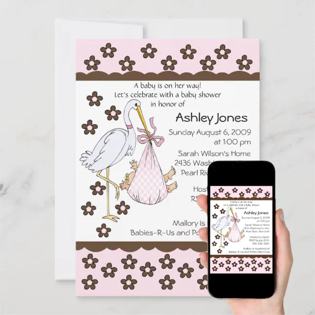 Baby Girl Stork Baby Shower Invitations | Zazzle