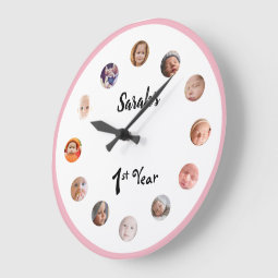 Baby Girl's 1st year birthday 12 month photos Large Clock | Zazzle