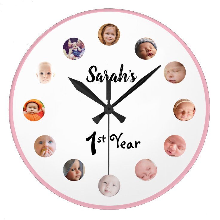 Baby Girl's 1st year birthday 12 month photos Large Clock | Zazzle