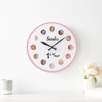 Baby Girl's 1st year birthday 12 month photos Large Clock | Zazzle