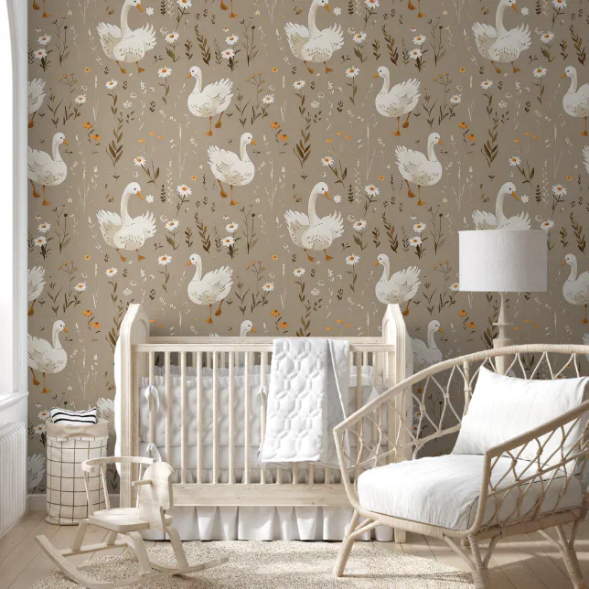 Baby Goose Taupe Nursery Wallpaper | Zazzle