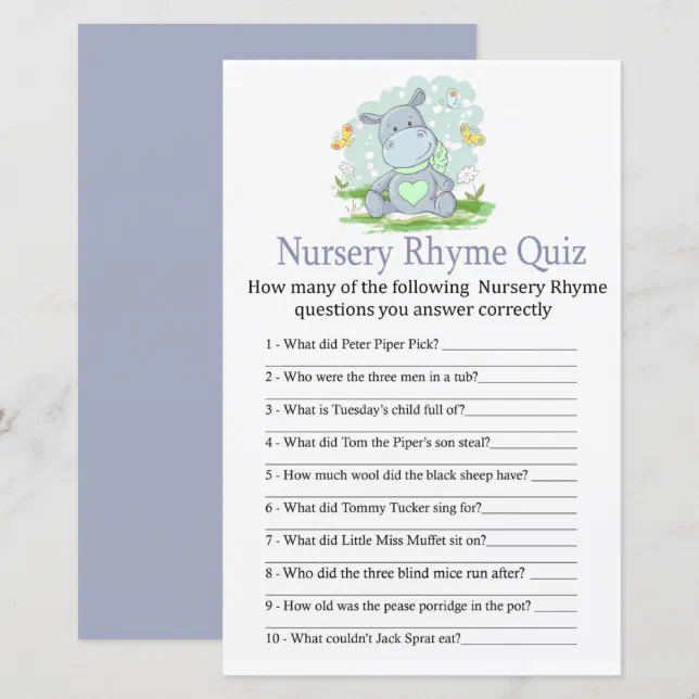 Baby Hippo Nursery Rhyme Quiz baby shower game | Zazzle