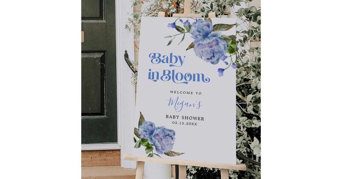 Baby In Bloom Blue Floral Baby Shower Welcome Sign | Zazzle