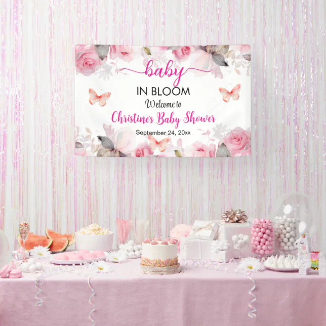Baby in Bloom Blush Roses Baby Shower Backdrop Banner | Zazzle